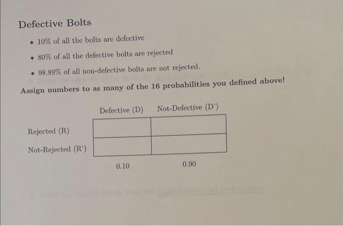 Solved Defective Bolts - 10% of all the bolts are defective | Chegg.com