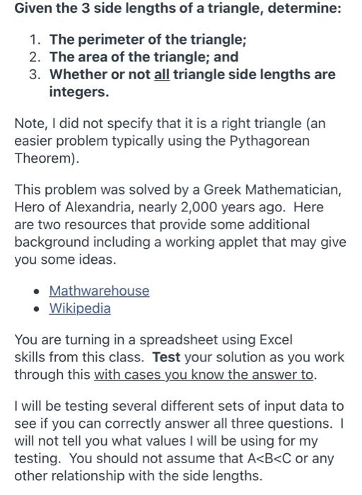 Solved Given the 3 side lengths of a triangle, determine: 1. | Chegg.com