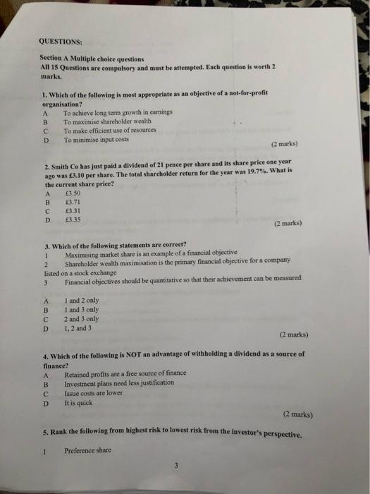 Solved Section A Multiple choice questions AII 15 Questions | Chegg.com