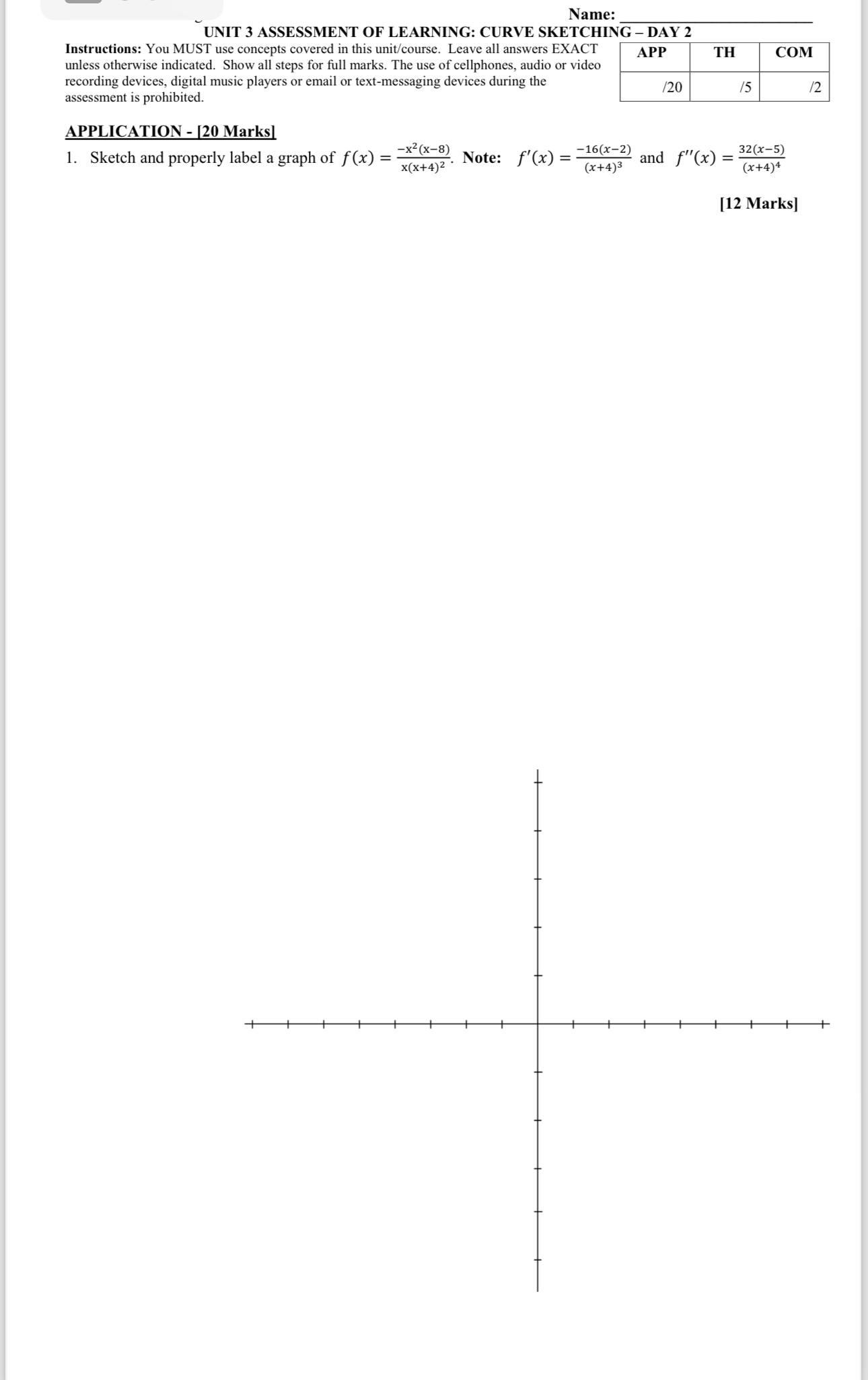 Solved Name:UNIT 3 ﻿ASSESSMENT OF LEARNING: CURVE SKETCHING | Chegg.com
