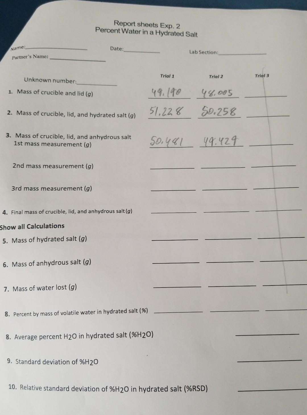 Solved Report sheets Exp. 2 Percent Water in a Hydrated Salt | Chegg.com