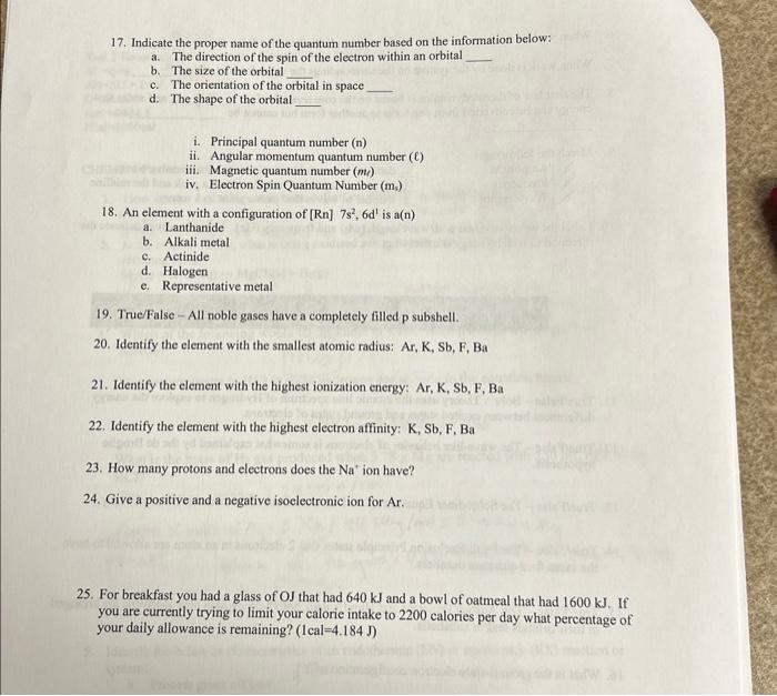 Solved 17. Indicate the proper name of the quantum number | Chegg.com