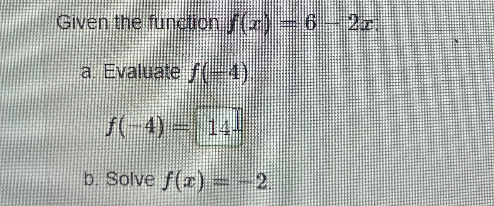 Solved Given the function f(x)=6-2x ﻿:b. ﻿Solve f(x)=-2. | Chegg.com