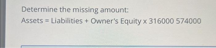 Solved Determine the missing amount: Assets = Liabilities + | Chegg.com