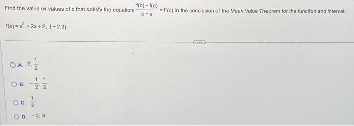 Solved Find the value or values of \\( c \\) that satisfy | Chegg.com