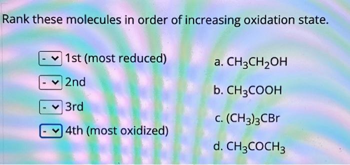 Rank these molecules in order of increasing oxidation | Chegg.com