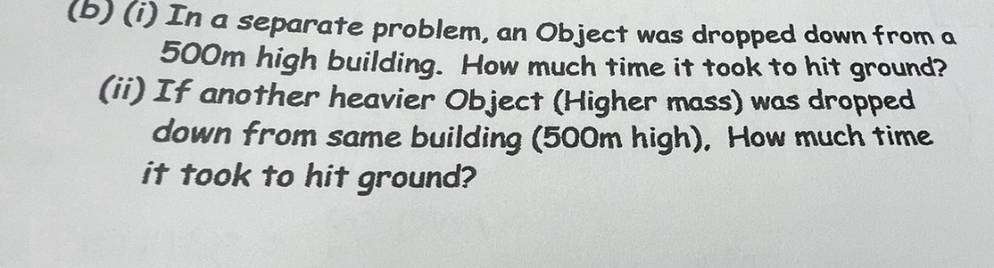 Solved (b) (i) ﻿In a separate problem, an Object was dropped | Chegg.com