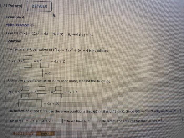 Solved Find f if f′′(x)=12x2+6x−4,f(0)=8, and f(1)=6 | Chegg.com