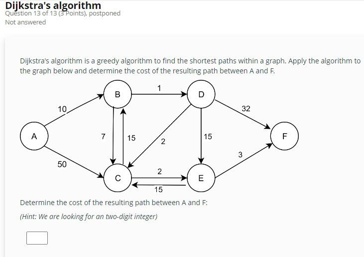 Solved Dijkstra's algorithm Question 13 of 13 (3Points), | Chegg.com