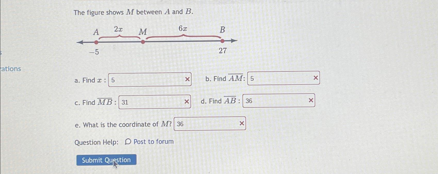 Solved The figure shows M ﻿between A and B.a. ﻿Find x ﻿:b. | Chegg.com