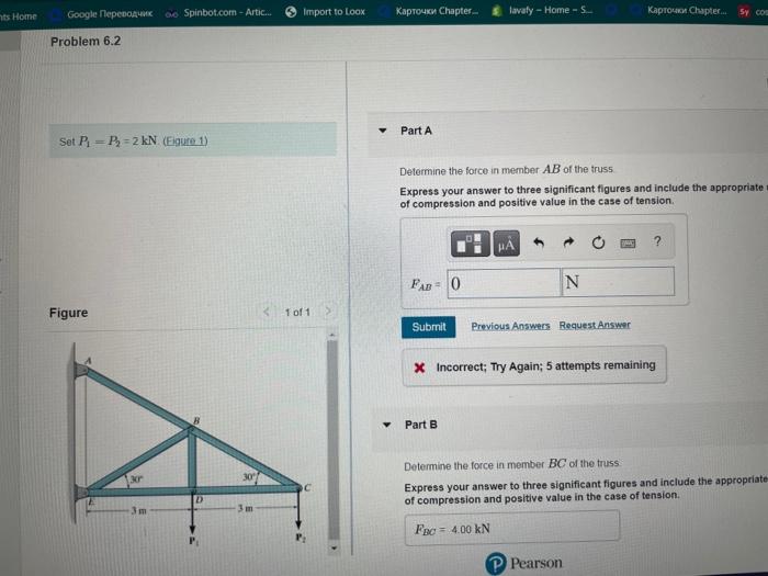 Solved P1=P2=2kN. (Figure 1) Determine the force in member | Chegg.com