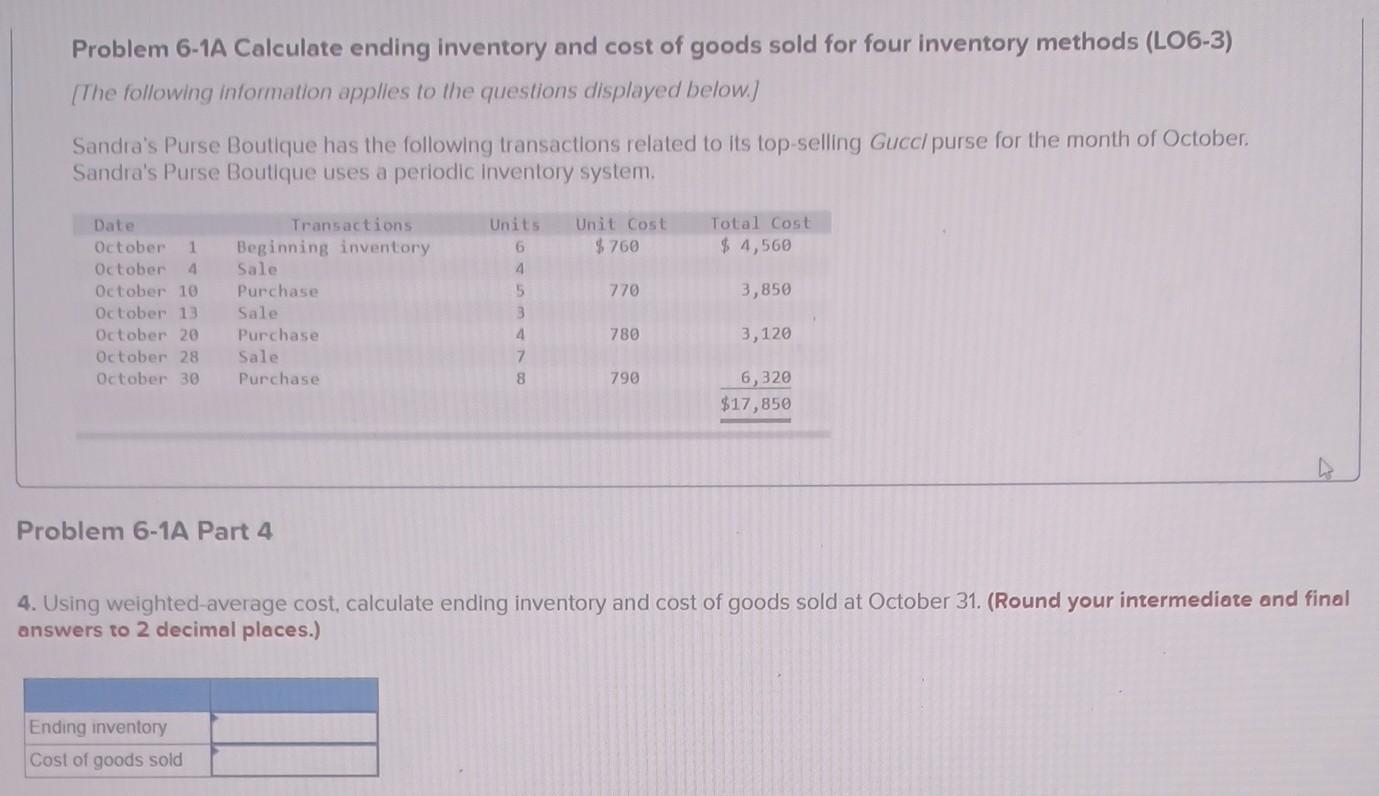 Solved Problem 6-1A Calculate ending inventory and cost of | Chegg.com