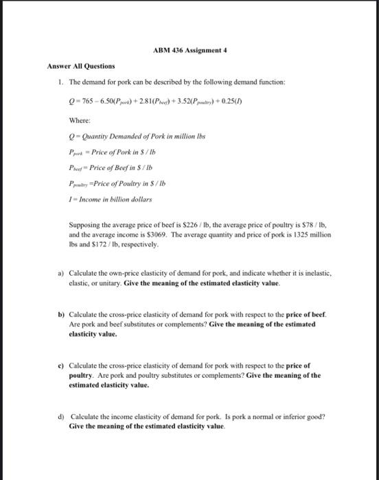 Solved ABM 436 Assignment 4 Answer All Questions 1. The | Chegg.com