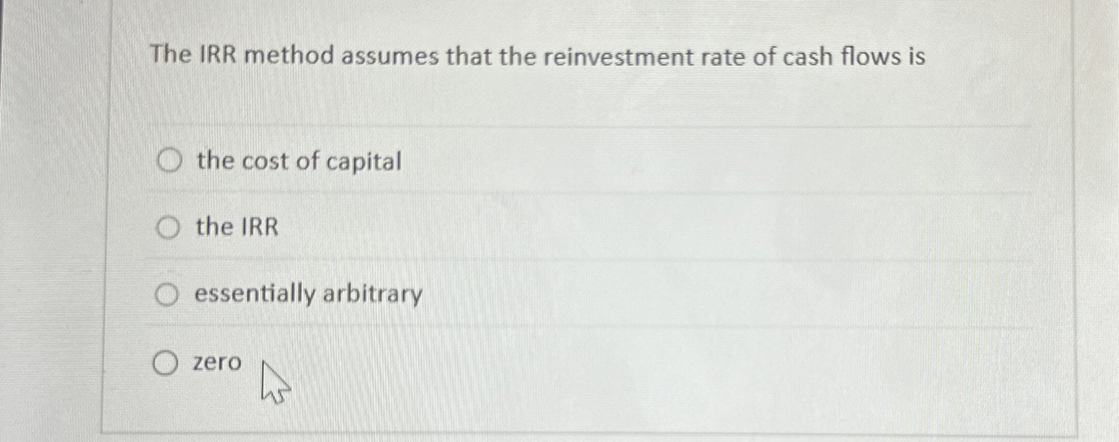 Solved The IRR method assumes that the reinvestment rate of | Chegg.com