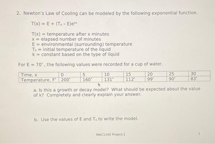 Solved 2. Newton's Law of Cooling can be modeled by the | Chegg.com