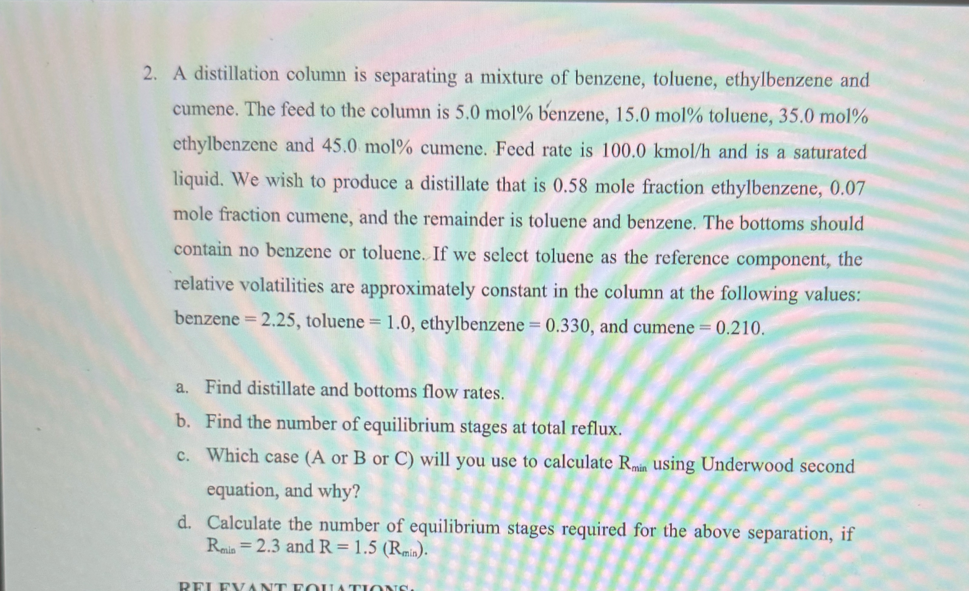 Solved A distillation column is separating a mixture of | Chegg.com