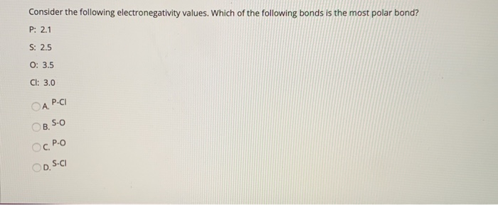 Solved Consider the following electronegativity values. | Chegg.com