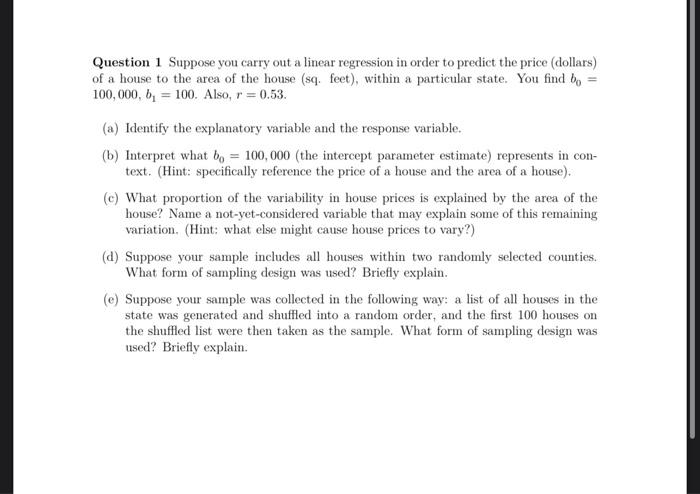 Solved Question 1 Suppose you carry out a linear regression | Chegg.com Solved Question 1 Suppose you carry out a linear regression | Chegg.com