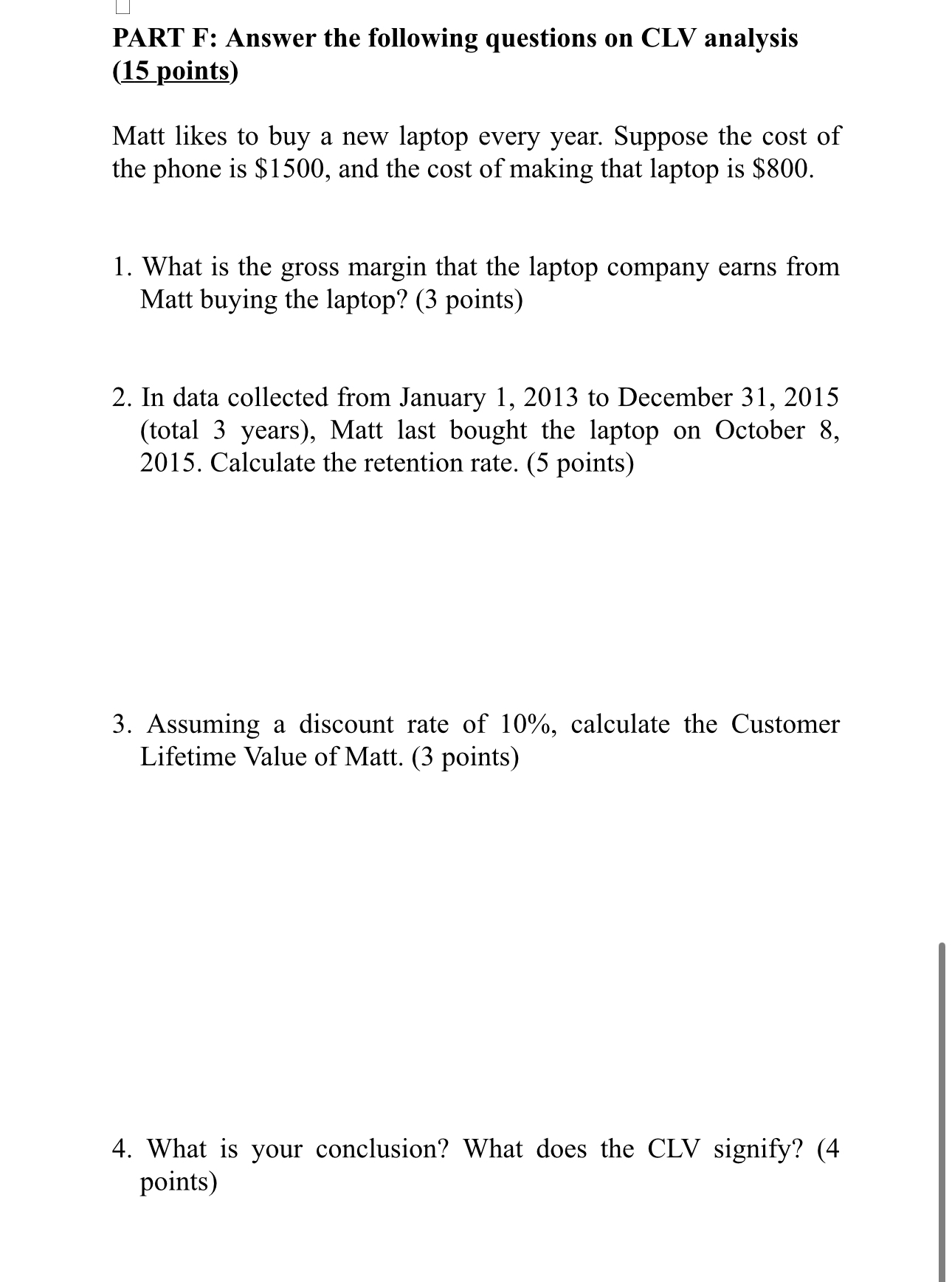 Solved PART F: Answer the following questions on CLV | Chegg.com