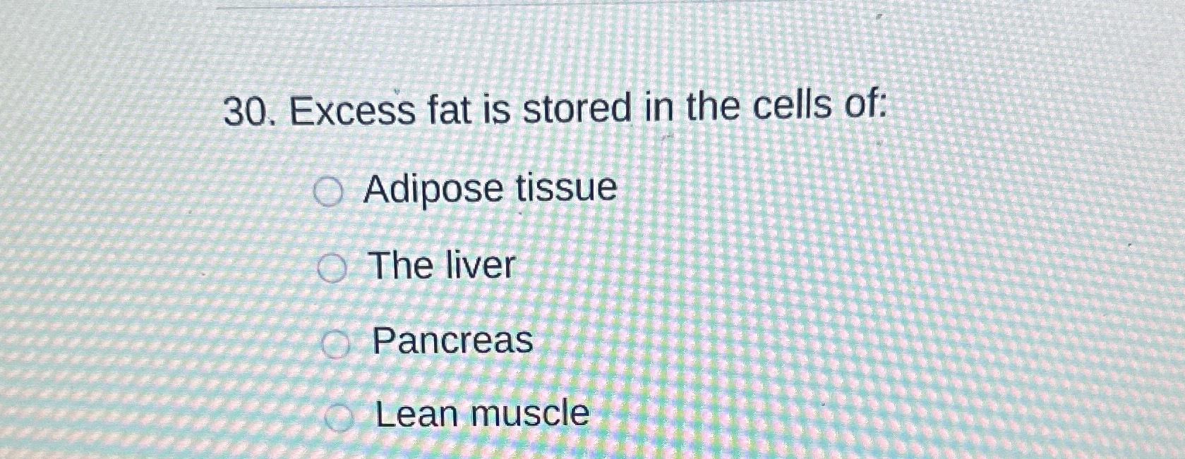 Solved Excess fat is stored in the cells of:Adipose | Chegg.com