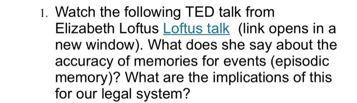 Solved 1. Watch the following TED talk from Elizabeth Loftus | Chegg.com