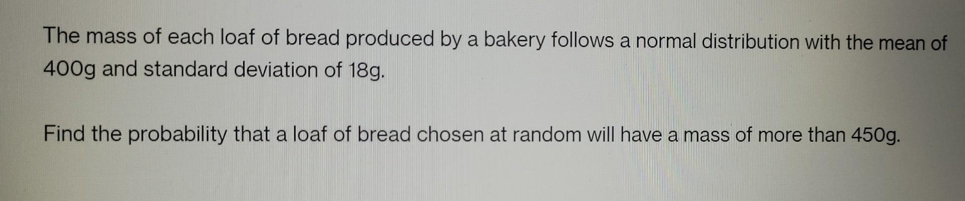 Solved The mass of each loaf of bread produced by a bakery | Chegg.com