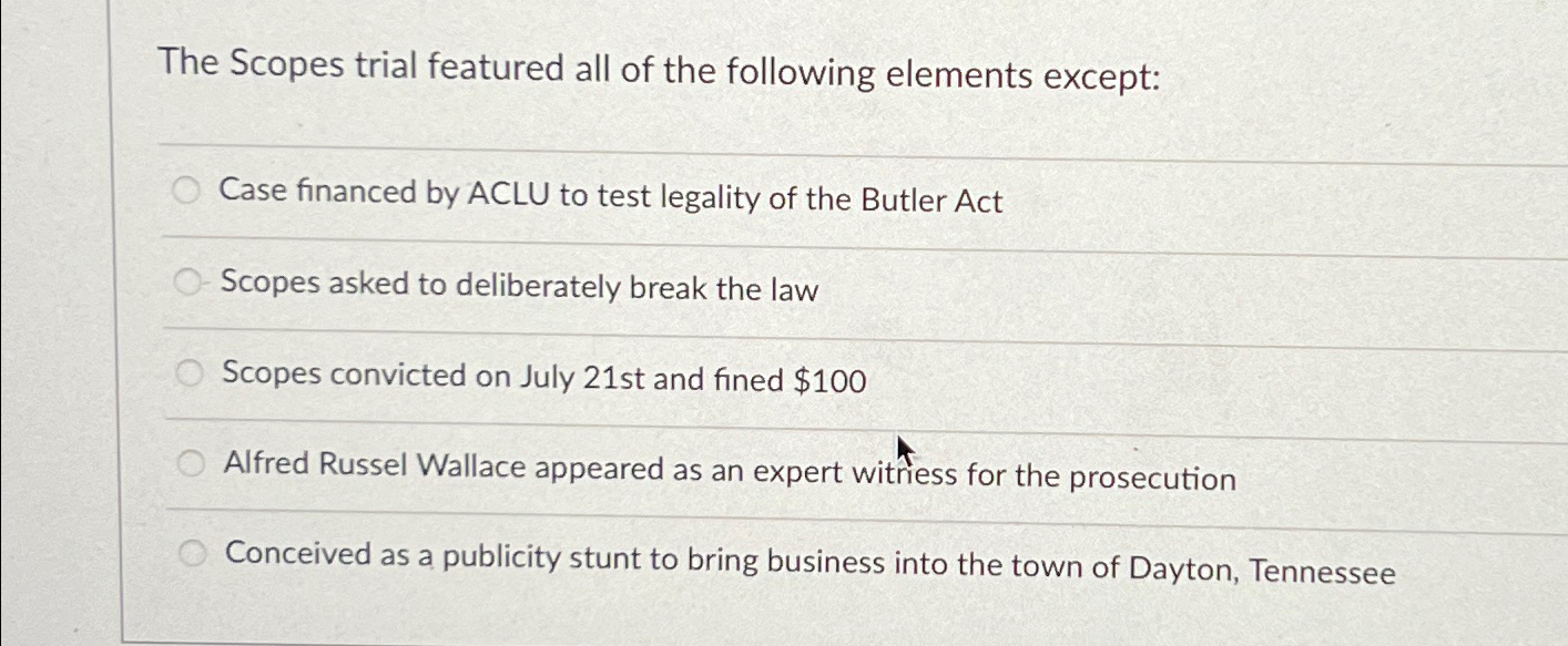 Solved The Scopes trial featured all of the following | Chegg.com