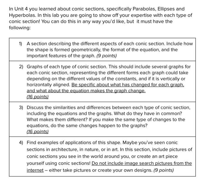 In Unit 4 you learned about conic sections, | Chegg.com