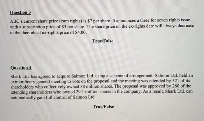 Solved Question 3 ABC's current share price (cum rights) is | Chegg.com