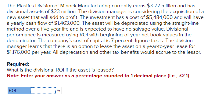 Solved The Plastics Division of Minock Manufacturing | Chegg.com