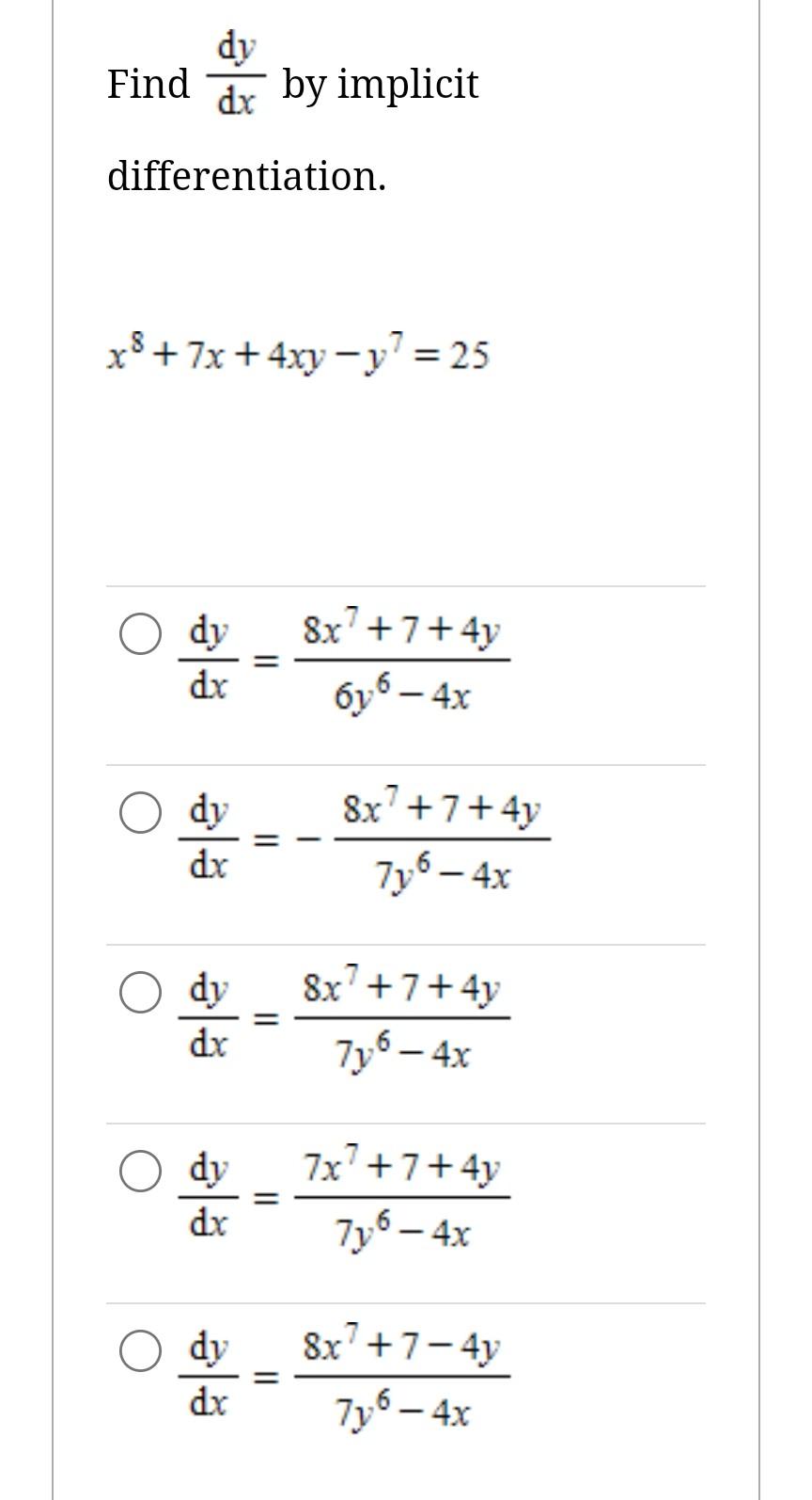 Solved Find dxdy by implicit differentiation. | Chegg.com