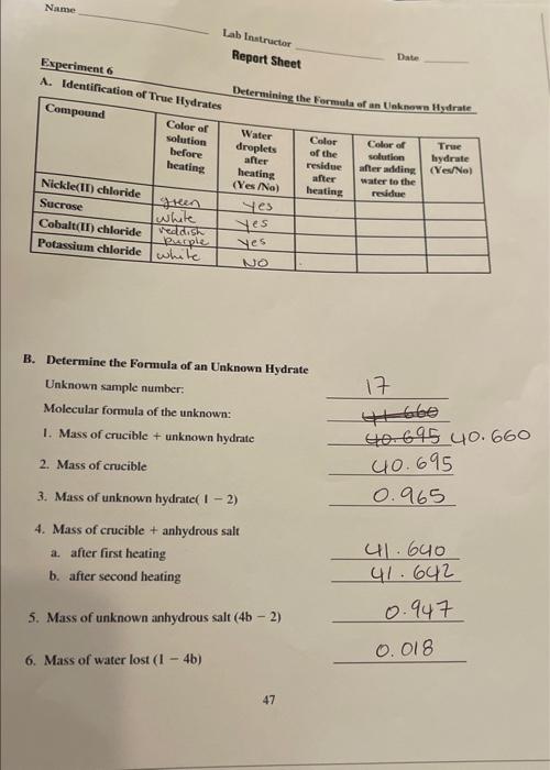 Solved B. Determine the Formula of an Unknown Hydrate | Chegg.com