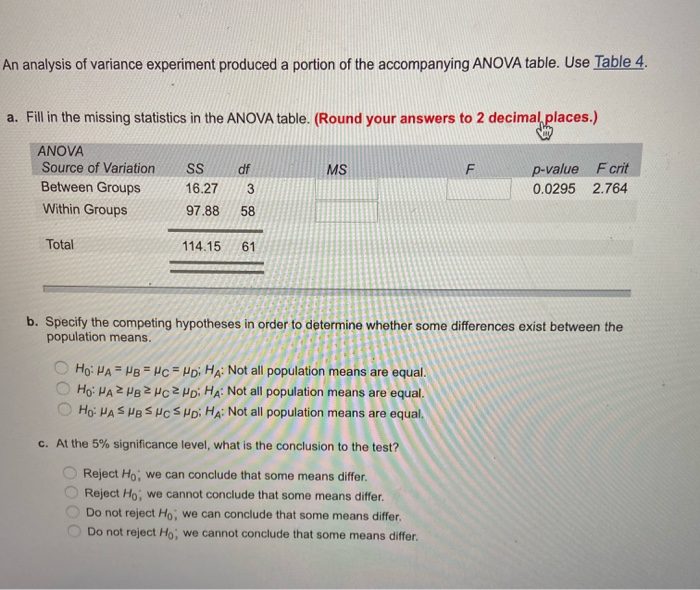 Solved An analysis of variance experiment produced a portion | Chegg.com