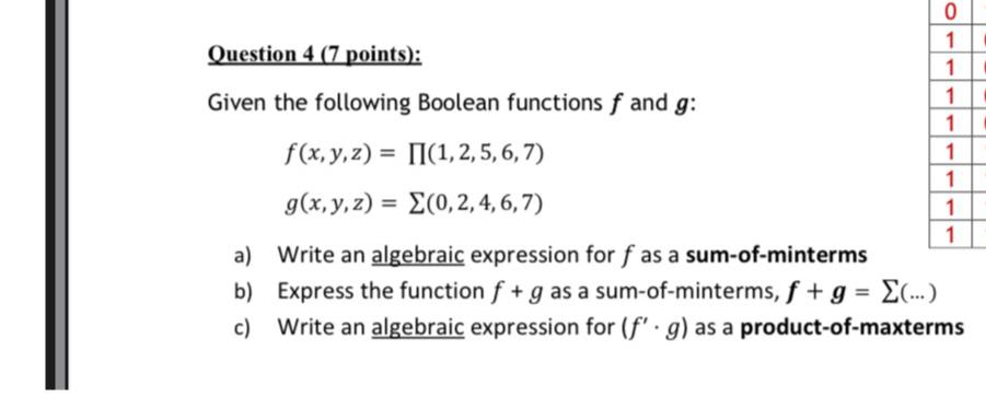 Solved Question 4 ( 7 ﻿points):Given the following Boolean | Chegg.com