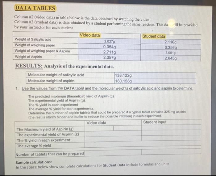Solved DATA TABLES Column #2 (video data) in table below is | Chegg.com