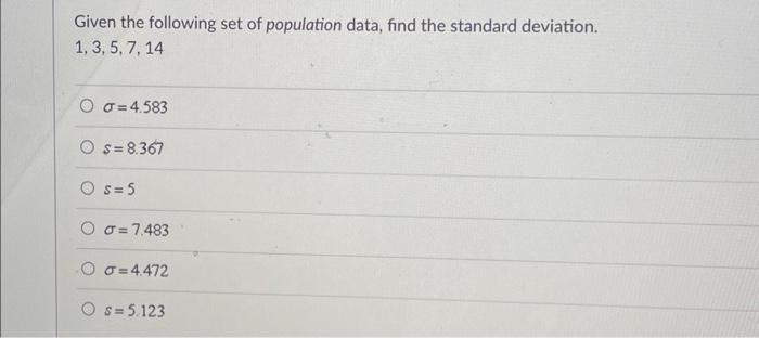 Solved For the following set of sample data, calculate the | Chegg.com