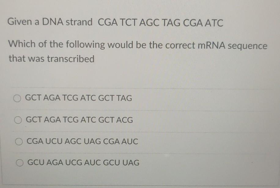 Solved Given a DNA strand CGA TCT AGC TAG CGA ATC Which of | Chegg.com