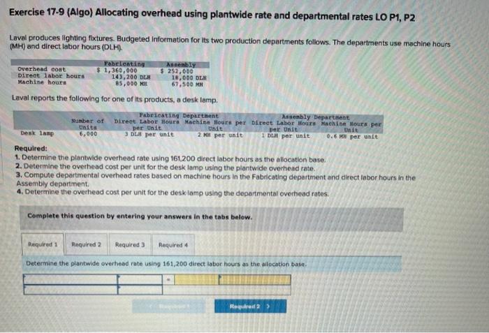 Solved Exercise 17−9 (Algo) Allocating overhead using | Chegg.com