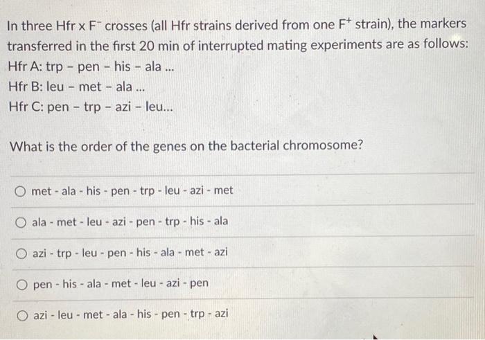 Solved In three Hfr x F crosses (all Hfr strains derived | Chegg.com