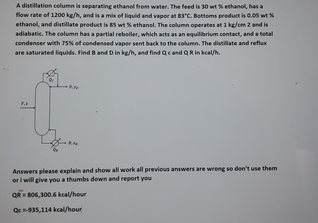 Solved A distillation column is separating ethanol from | Chegg.com