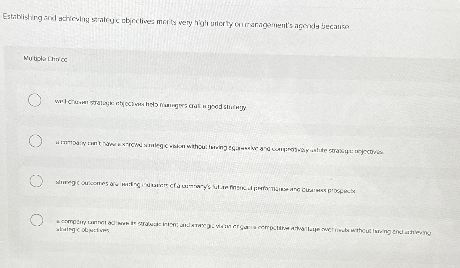 Solved Establishing and achieving strategic objectives | Chegg.com