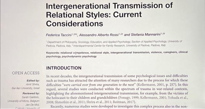 Solved Intergenerational Transmission of Relational Styles: | Chegg.com