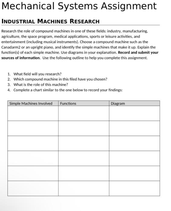 Mechanical Systems Assignment INDUSTRIAL MACHINES | Chegg.com