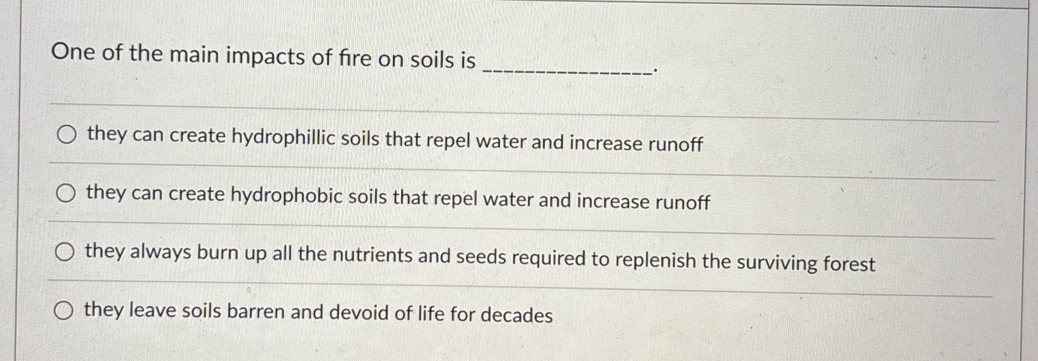 Solved One of the main impacts of fire on soils isthey can | Chegg.com