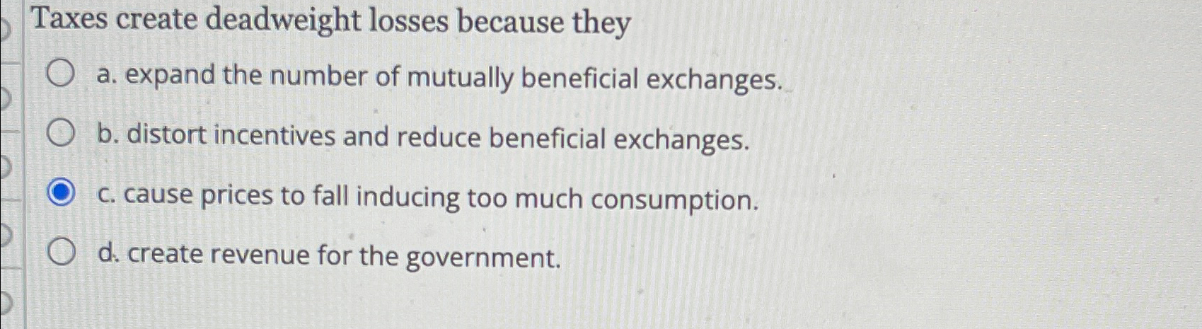 Solved Taxes create deadweight losses because theya. ﻿expand | Chegg.com