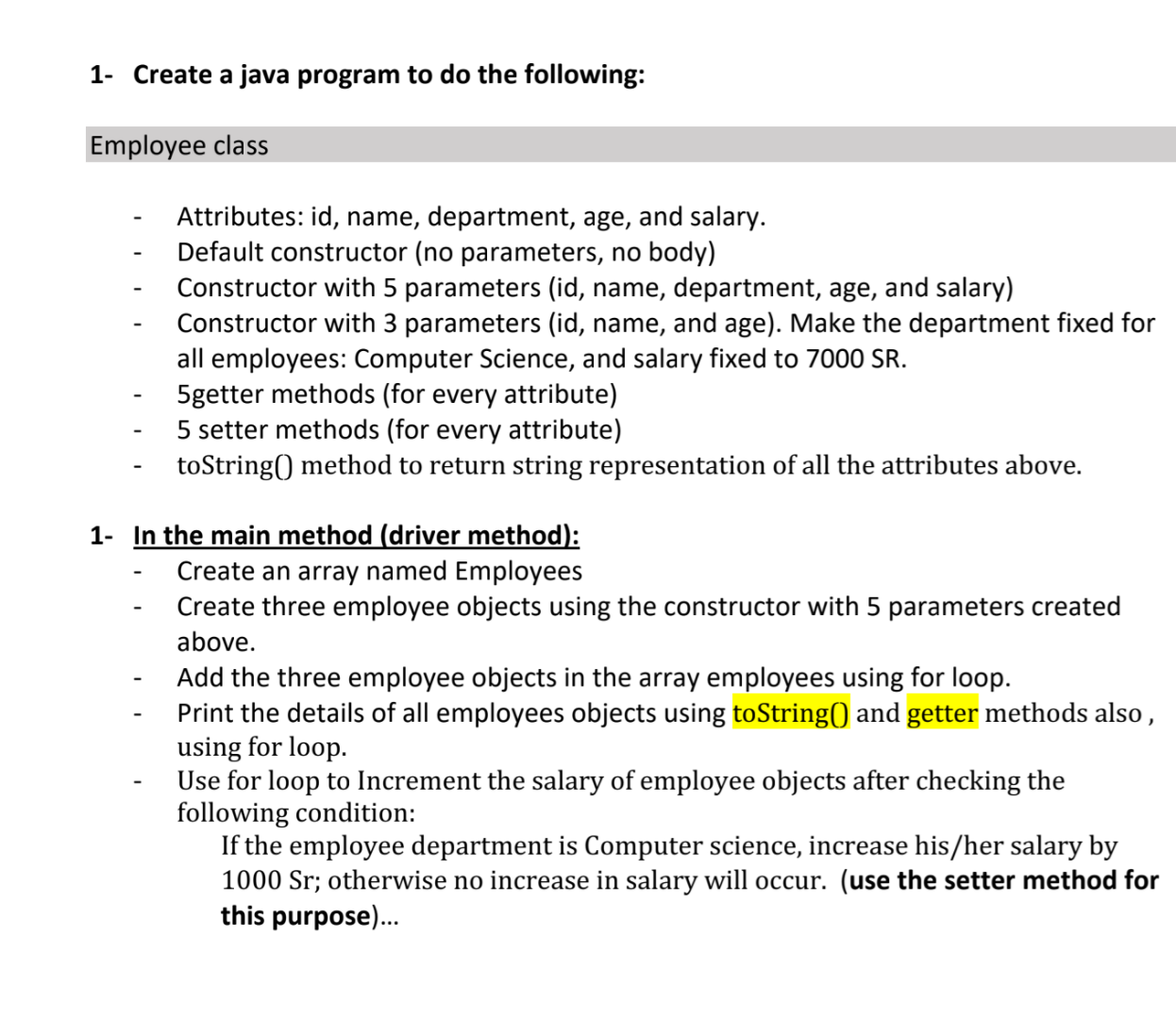 Solved Employee class - Attributes: id, name, department, | Chegg.com