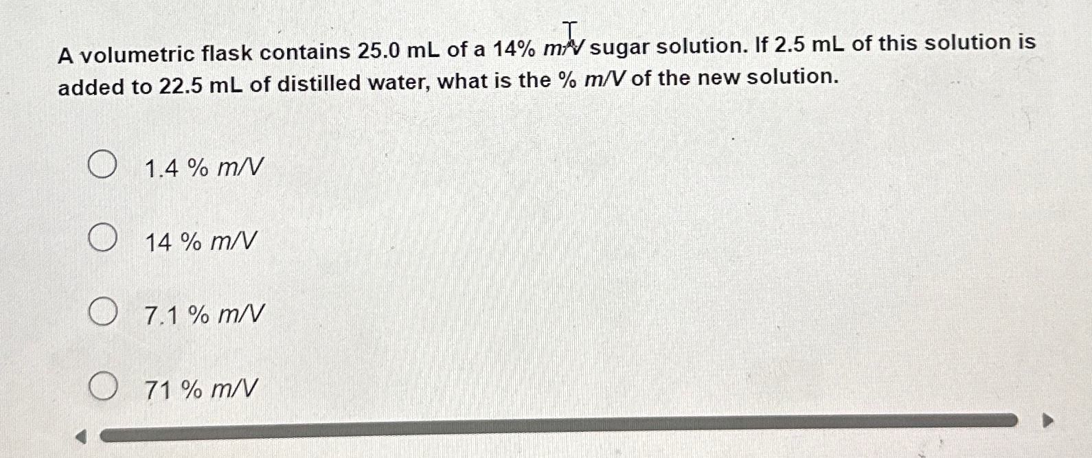Solved A volumetric flask contains 25.0mL ﻿of a 14%m ﻿sugar | Chegg.com