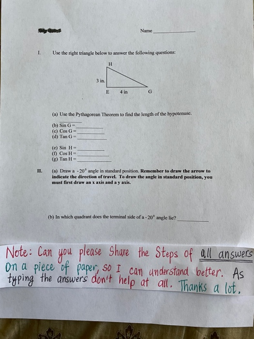 Solved Name 1. Use the right triangle below to answer the | Chegg.com