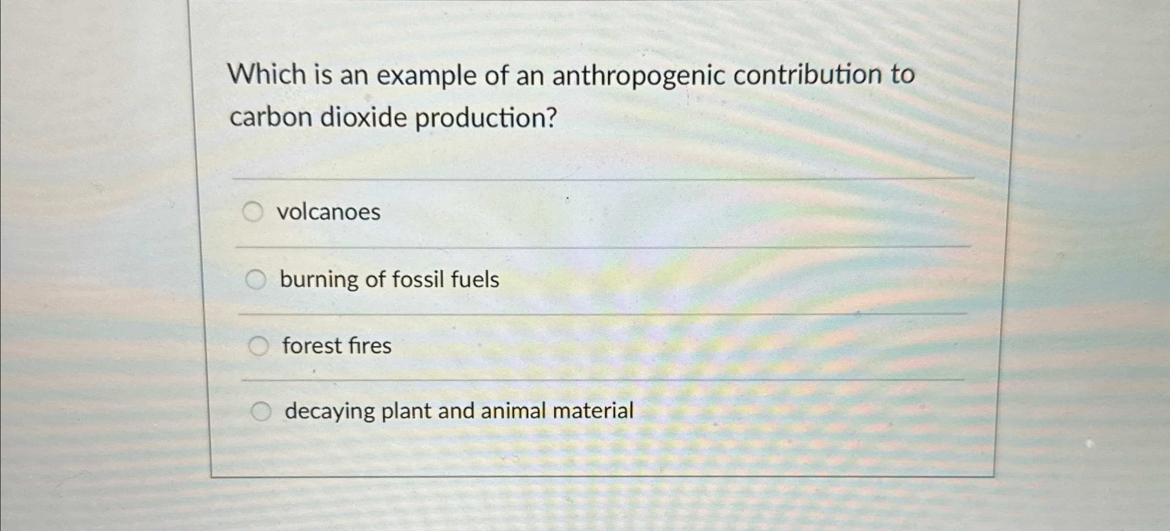 Solved Which is an example of an anthropogenic contribution | Chegg.com