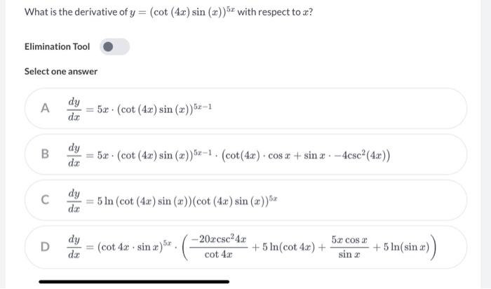 Solved What is the derivative of y=(cot(4x)sin(x))5x with | Chegg.com